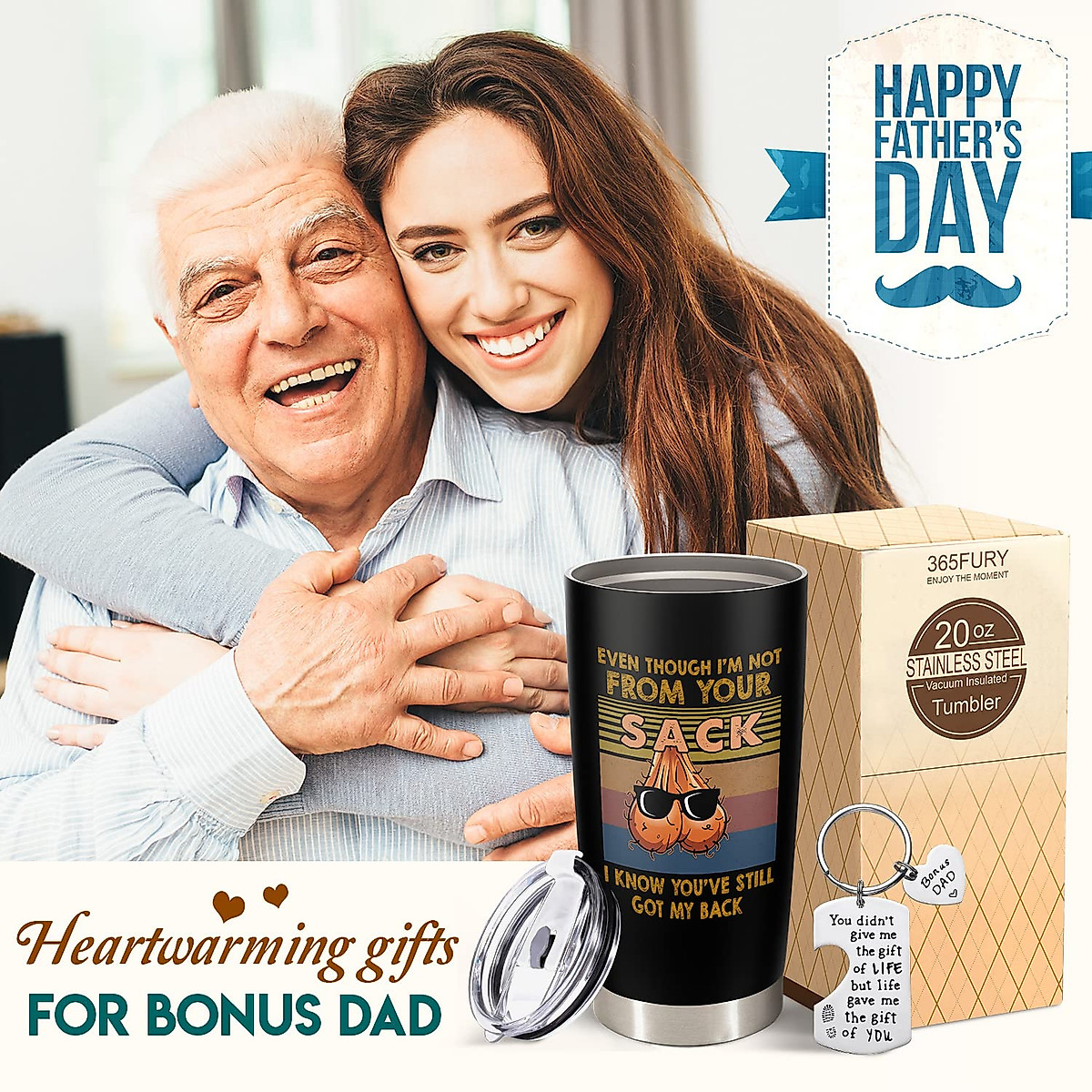 365fury Bonus Dad Gifts - Step Dad Gifts From Daughter, Son, Kids - 20 Oz Tumbler & Keychain Funny Stepdad Gifts - Christmas Father Day, Birthday Gifts For Stepdad - Best Bonus Dad Travel Coffee Mug