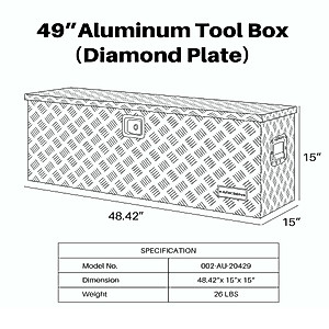 ARKSEN 49 Inch Heavy Duty Aluminum All Purpose Underbody Lock Storage Trailer Truck Trailer Chest Box Underbed Tools Organizer with Side Handle and Key Set – Silver