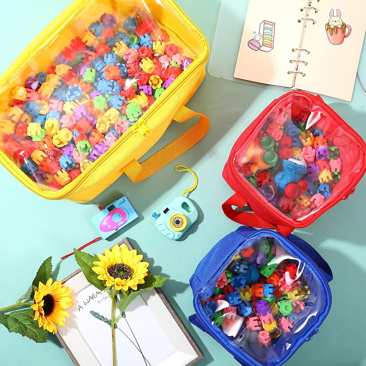 Locmeo 3 Packs Toy Storage Bags with Zipper and Clear PVC Window, Reusable Oxford Fabric Organizing Bags, Toy Bags for Kids Toys Building Blocks and Board Games Storage(Red Yellow Blue)