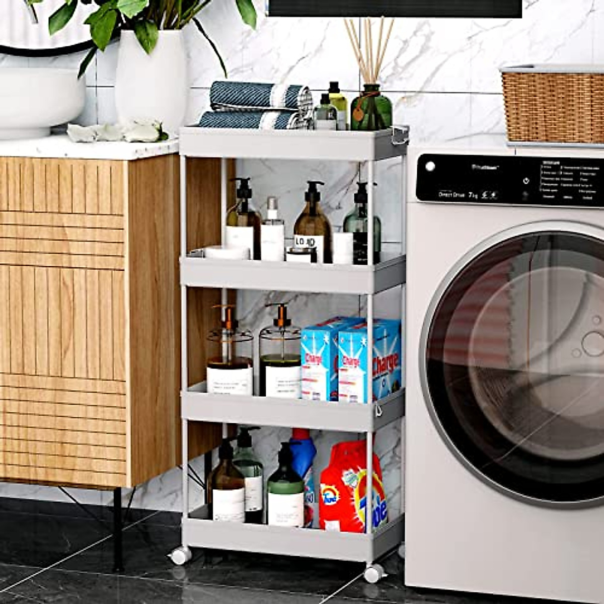 SPACEKEEPER Storage Cart, 4-Tier Mobile Shelving Unit, Bathroom Rolling Cart Utility Storage Organizer Shelf for Kitchen Living Room Bathroom Laundry Room & Dressers, Gray