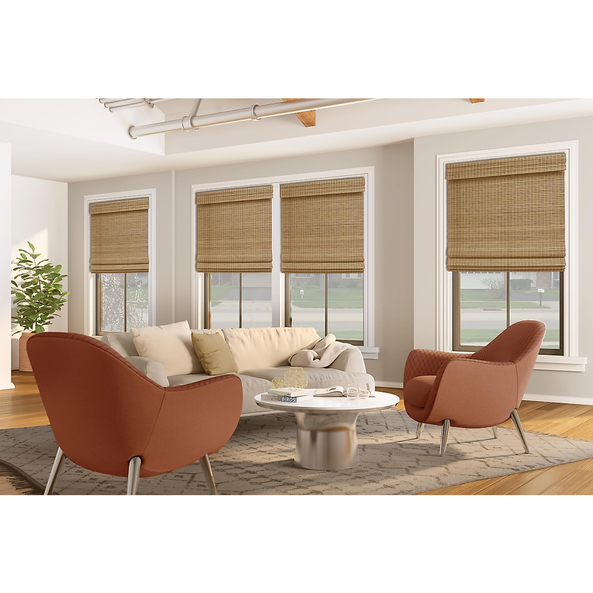 Cordless Woven Wood Roman Shades, 24W x 48H, Eastfield Teak, Sizes 20-72 Wide and 24-72 High