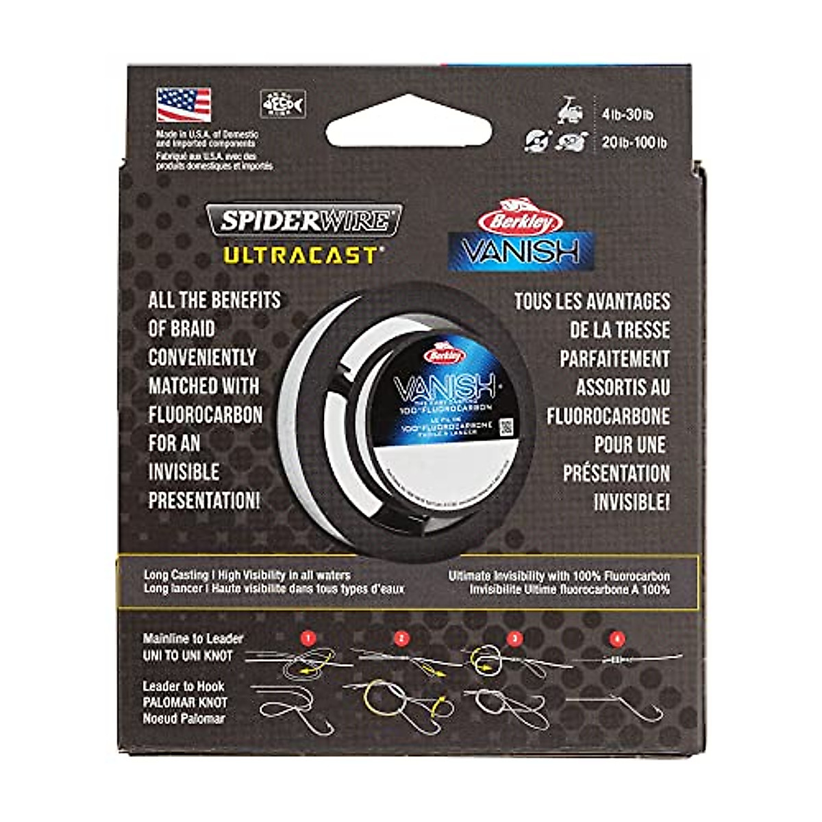 SpiderWire Ultracast Braid Vanish Fluorocarbon Dual Spool, 30lb Translucent Braid with 50lb Clear Fluoro Leader, 164yd | 150m