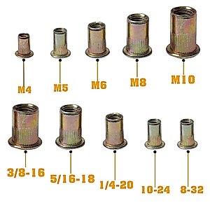 340PCs Rivet Nuts 8-32 10-24 1/4-20 5/16-18 3/8-16 Metric Rivet Nuts M4 M5 M6 M8 M10 Nutsert RIV Nuts Threaded Insert Nuts Kit Carbon Steel