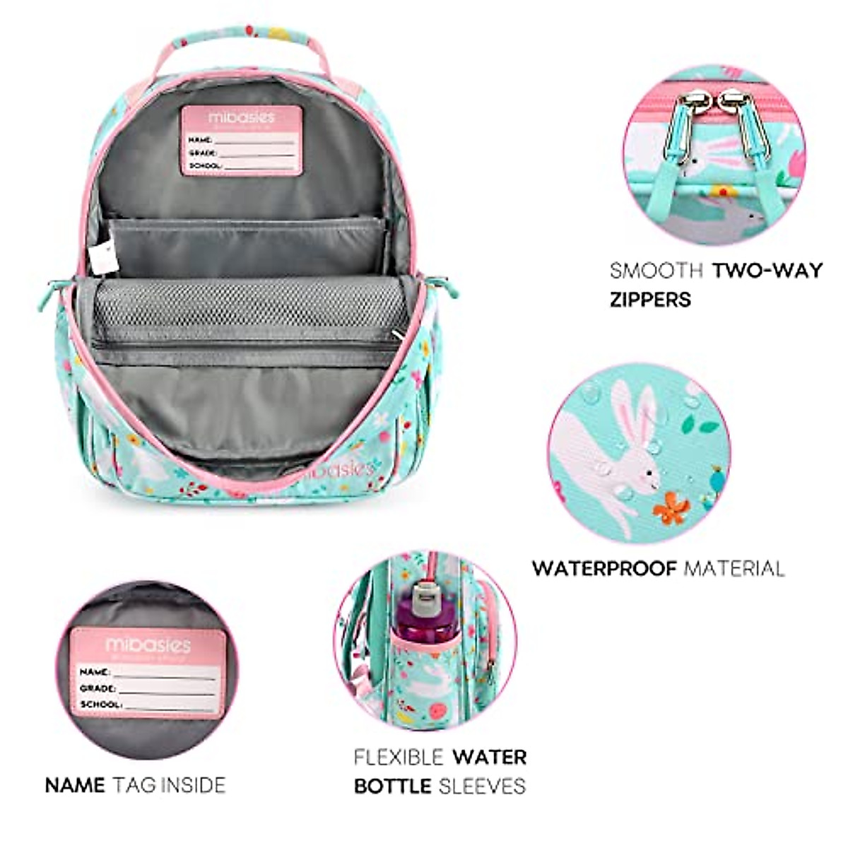 mibasies Girls Backpack for Elementary School, Backpack for Girls 5-8, Lightweight Kids Backpacks for Girls(Rabbit)