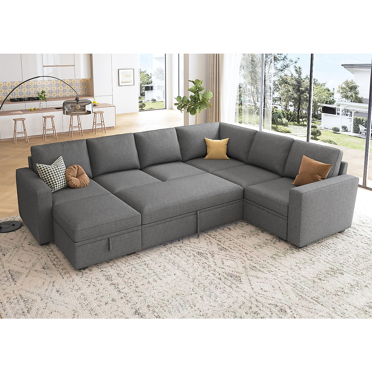 HONBAY Modular Sectional Sleeper Sofa with Pull Out Bed, U Shaped Sectional Couch with Storage Ottoman Convertible 7-Seater Sofa, Dark Grey