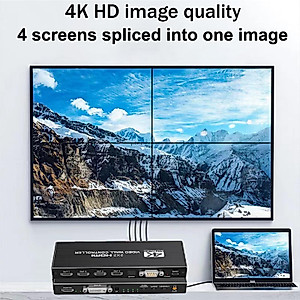 1x4 2x2 HDMI Video Wall Controller, 4K 60Hz with HDMI+DVI+RS232 Input, 180 Degree Rotate Video Processor for 4 TV Splicing