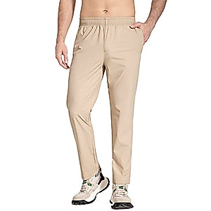 BALEAF Men's Running Pants Elastic Waist Lightweight Jogging Stretch Golf Workout Pants with Zipper Pockets Khaki XL