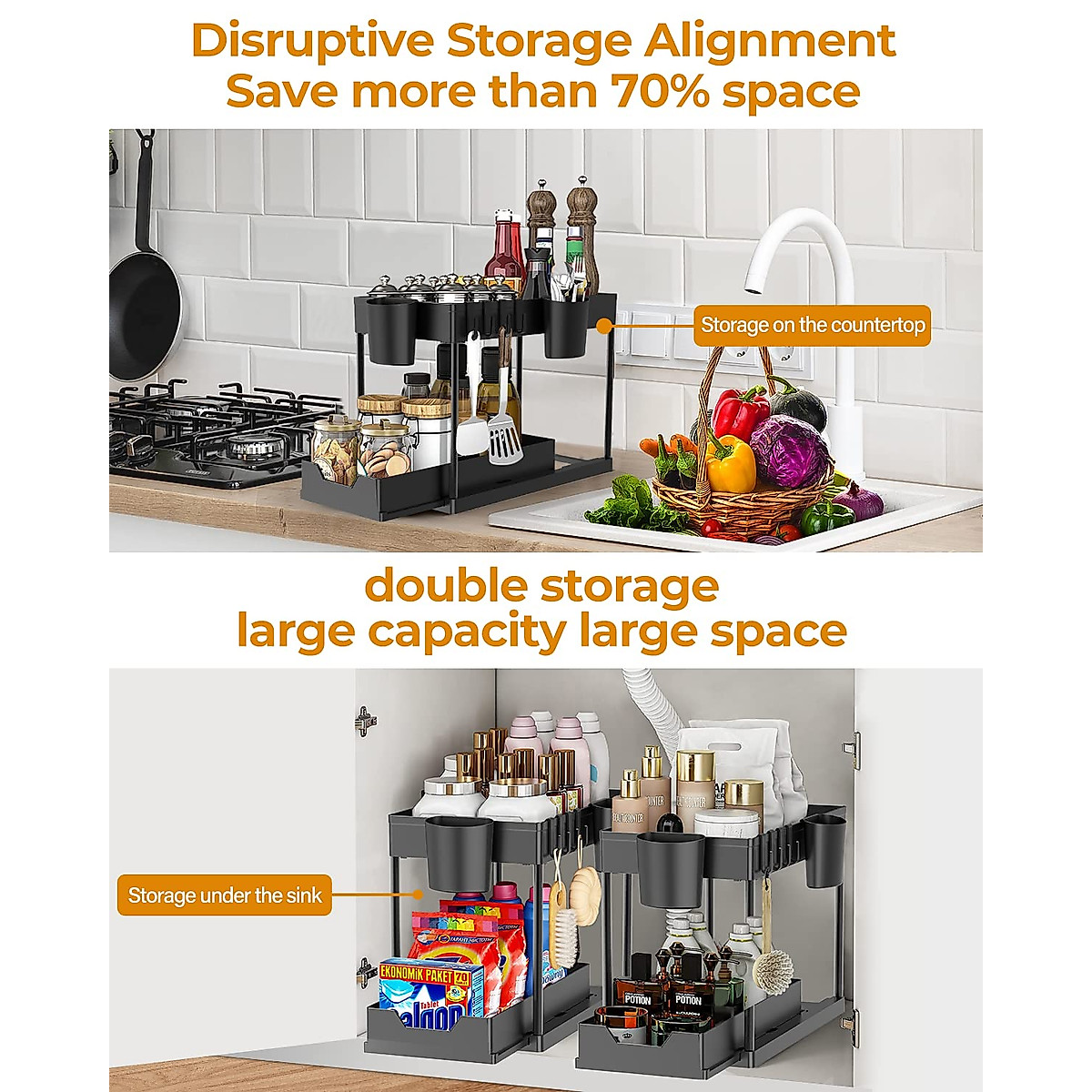 Stackable Under Sink Organizers and Storage - DILEASIR Upgraded 12in Heightened Sticks 2 Tier Under Sink Organizer with 4 Hanging Cups, 8 Dust Plugs, 8 Hooks, Multi-function Storage, Black, 2 Pack