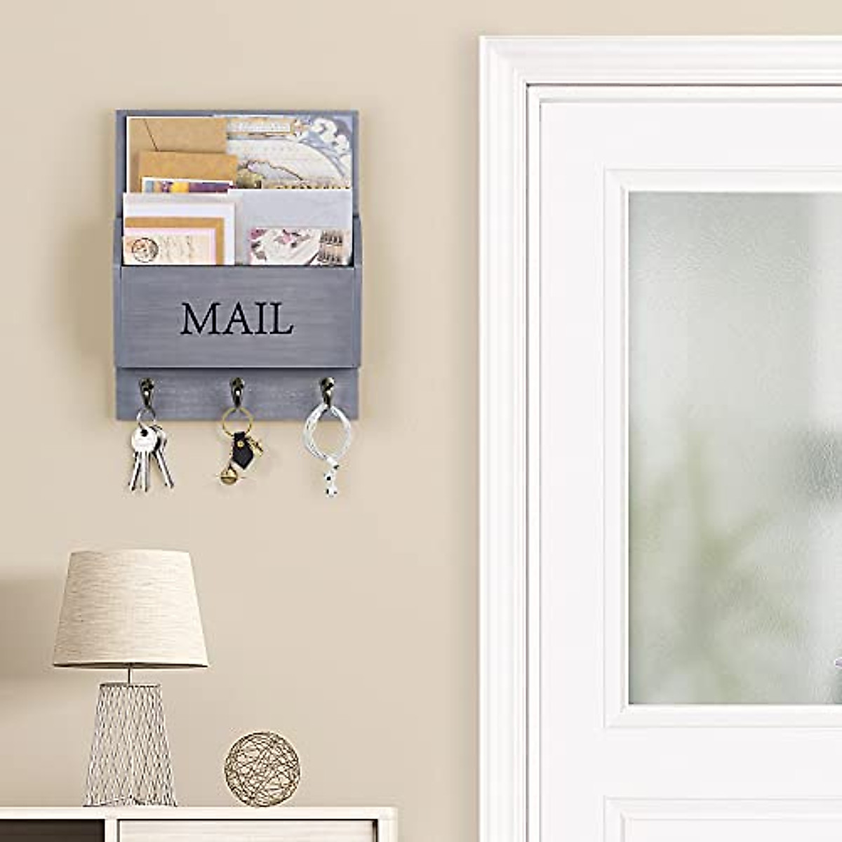 DLQuarts Mail Organizer with Key Holder for Wall Decorative Mail Sorter Wall Mounted, Wooden Mail Holder with 3 Hooks, Gray