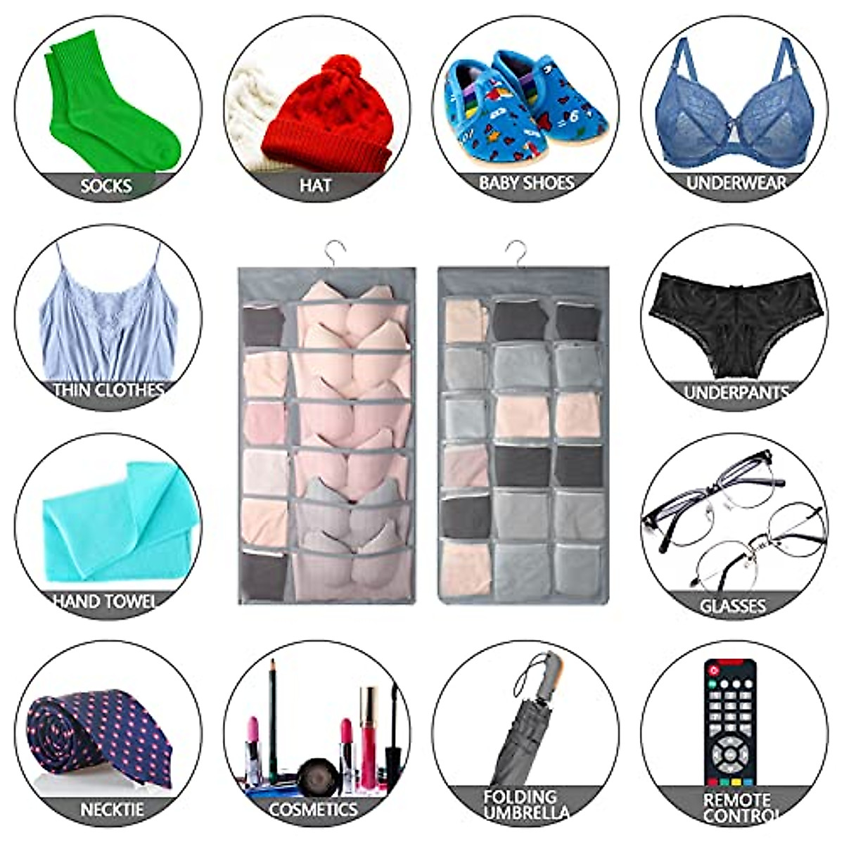 inheming 2 Pack Hanging Underwear Organizer for Closet, 12 + 18 Mesh Pockets Dual-Sided Storage Bags, Bras Panties Socks Organizer Hanger for Dormitory, Rental House, RV Wardrobe