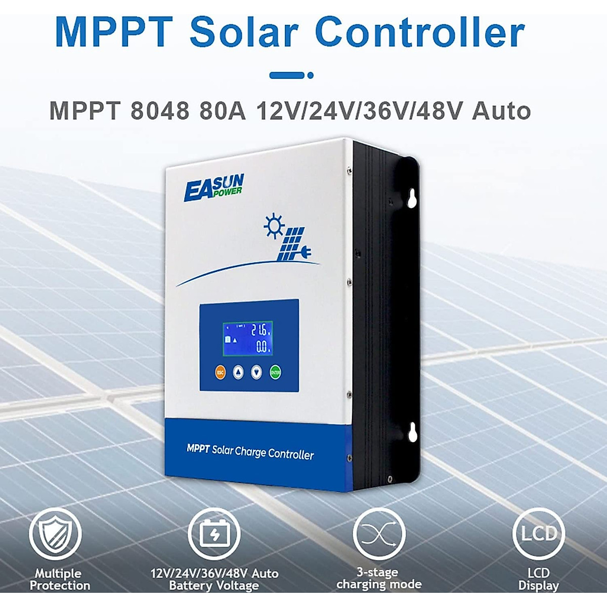 POWLAND 80A MPPT Solar Charge Controller,12V/24V/36V/48V Auto,Max Input 150V LCD Display Regulator Intelligent Charge Controller for Sealed Gel AGM Flooded Lithium Battery