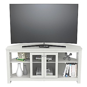 Inval, Adjustable Storage Shelves, Washed Oak Corner Stand for Flat Screen TVs Up to 60”, Entertainment Center with Glass Doors