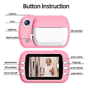 QSYY Instant Printing Camera Toys, 30MP Digital Video Camera, 1080P 3.5-Inch Eye Protection Large Screen, Children's Selfie Mini Camera with 32GB Memory Card, 3 Rolls of Paper,Pink