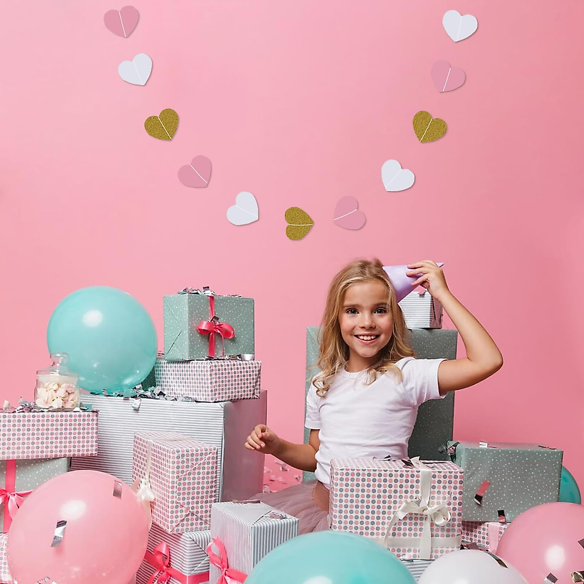 Glitter Gold Pink Heart Garland Paper Heart Streamers - 6.5 Feet Hanging Heart Banner Photographic Backdrop for Valentines Day Bridal Shower Wedding Engagement Birthday Party Decoration