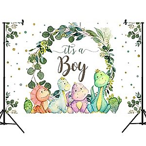 9x6ft It's a Boy Backdrop Baby Shower Cartoon Dinosaur Cactus and Eucalyptus Leaves Photography Background Kids Party Supplies Cake Table Decor Banner Photobooth Props Gift Favors