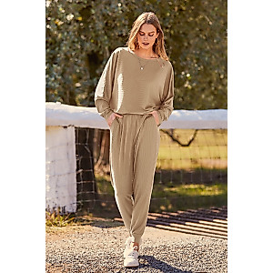 PRETTYGARDEN Women's Fall Fashion Outfits 2 Piece Sweatsuit Long Sleeve Pullover Long Pants Ribbed Matching Lounge Set (Khaki,Medium)