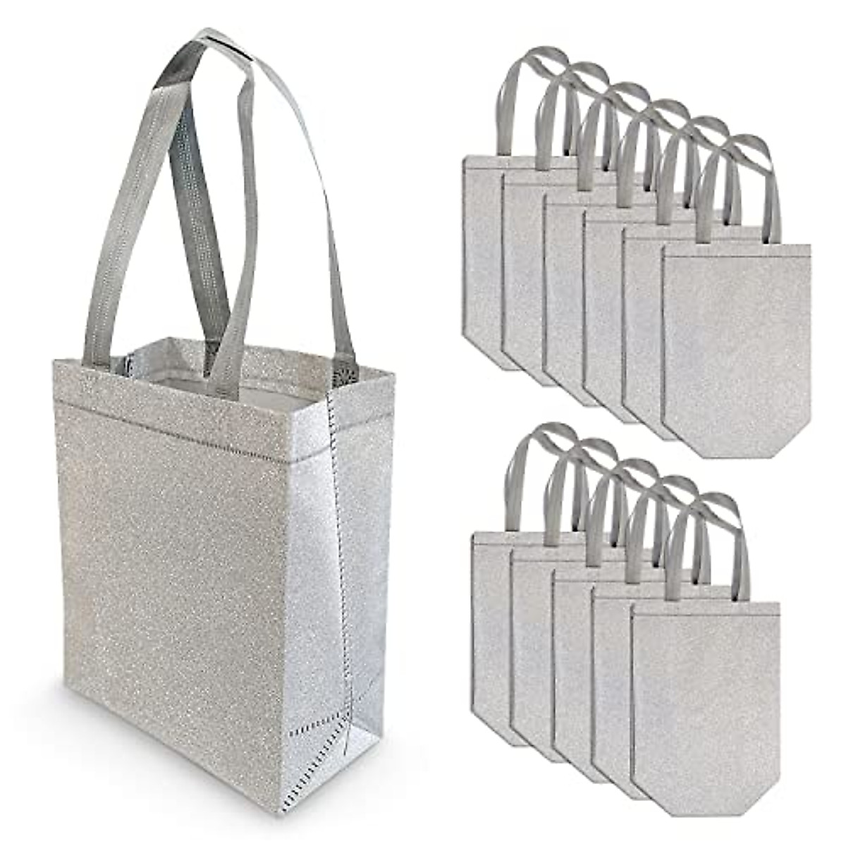 Silver Gift Bags - 12 Pack Small Silver Reusable Gift Bag Tote with Handles, Glitter Metallic Bling Shimmer, Eco Friendly for Kids Birthdays, Bridesmaids, Party Favors, Grocery Shopping - 6x3x8