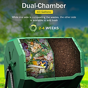 Saicool Large Dual Chamber Composting Tumbler Outdoor Garden Rotating Compost Bin Tumbling Composter with Sliding Door, (43 Gallon,Green)