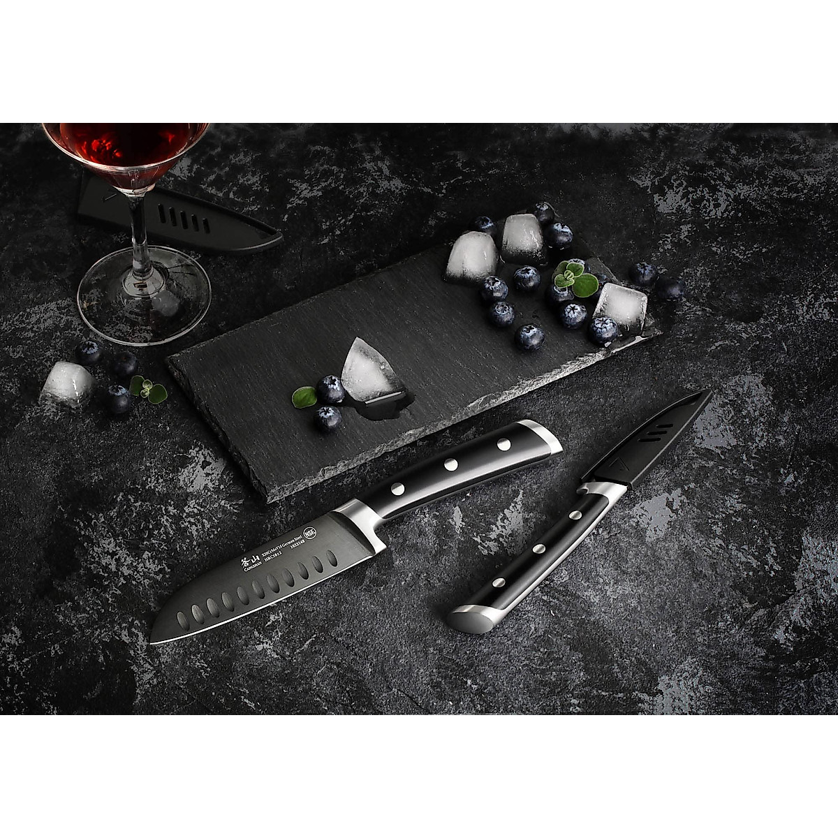 Cangshan S+ Series 1022094 German Steel Forged 2-Piece Titanium Coated Santoku Starter Knife Set with Sheaths, Noir Black