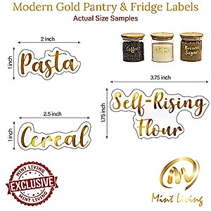 Mint Living Gold Pantry Labels 100 (90 Preprinted +10 Blank) Kitchen Labels - Glossy Water Resistant Sticker for Kitchen & Fridge Pantry Organization Storage Containers Jars Easy Reposition