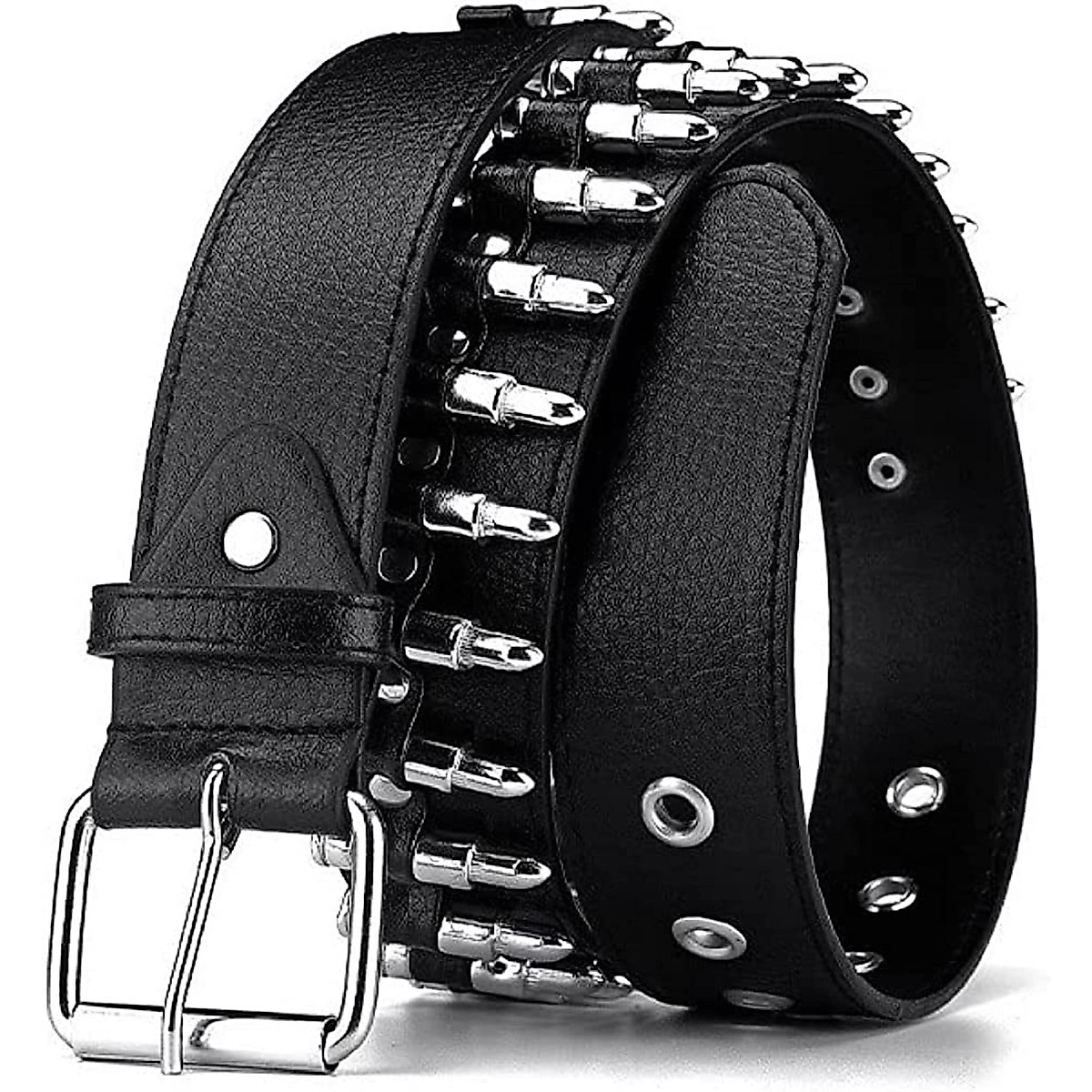 Rsleepd Bullet Studded Belt, Punk Rivet Belt Black Leather Rock Belt with Silver Bullet for Women Men