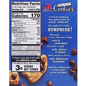 Atkins Chocolate Chip Protein Cookie, Protein Dessert, Rich in Fiber, 3g Net Carb, 1g Sugar, Keto Friendly, 4 Count