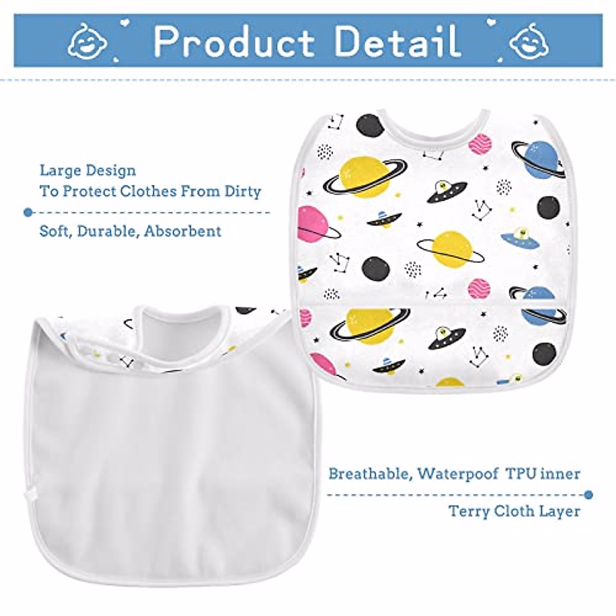 Kigai Cosmos Ufo Alien Baby Bibs for Baby Boy Girl, Waterproof Soft Cotton Washable Feeding Bibs Adjustable Snaps, Scraps Pocket, 2 Pack