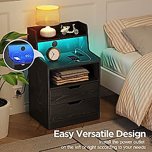 Rolanstar Nightstand with Charging Station and LED Lights, 2 AC and USB Power Outlets, Night Stand with 2 Drawers and Storage Shelves, Bedside Table for Bedroom - Black