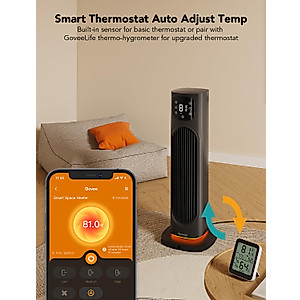 GoveeLife 24" Space Heater, 80° Oscillating Smart Electric Heater with Thermostat, WiFi APP & Voice Control, 4 Mode, 24H Timer, Night Light, 1500W Tower Ceramic Heater for Indoor Use, Large Room