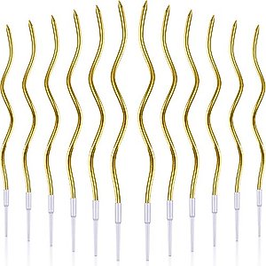 12 Pcs Twisty Birthday Candles Long Spiral Cake Candles Metallic Cake Cupcake Candles Long Thin Coil Cake Candles with Holders for Birthday Wedding Party Cake Decoration (Gold)