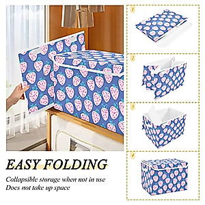 CaTaKu Strawberry Cute Blue Storage Bins with Lids Fabric Large Storage Container Cube Basket with Handle Decorative Storage Boxes for Organizing Clothes Shelves