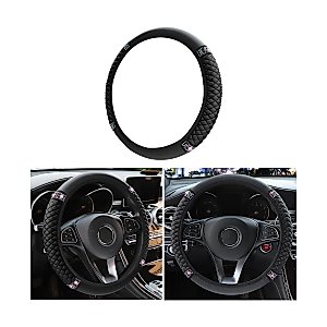 Bling Soft Leather Steering Wheel Cover Protector, 15 Inch Colorful Rhinestones Auto Elastic, Sparkly Crystal Diamond for Women Girls, Car Interior Accessories for Most Cars (Black)