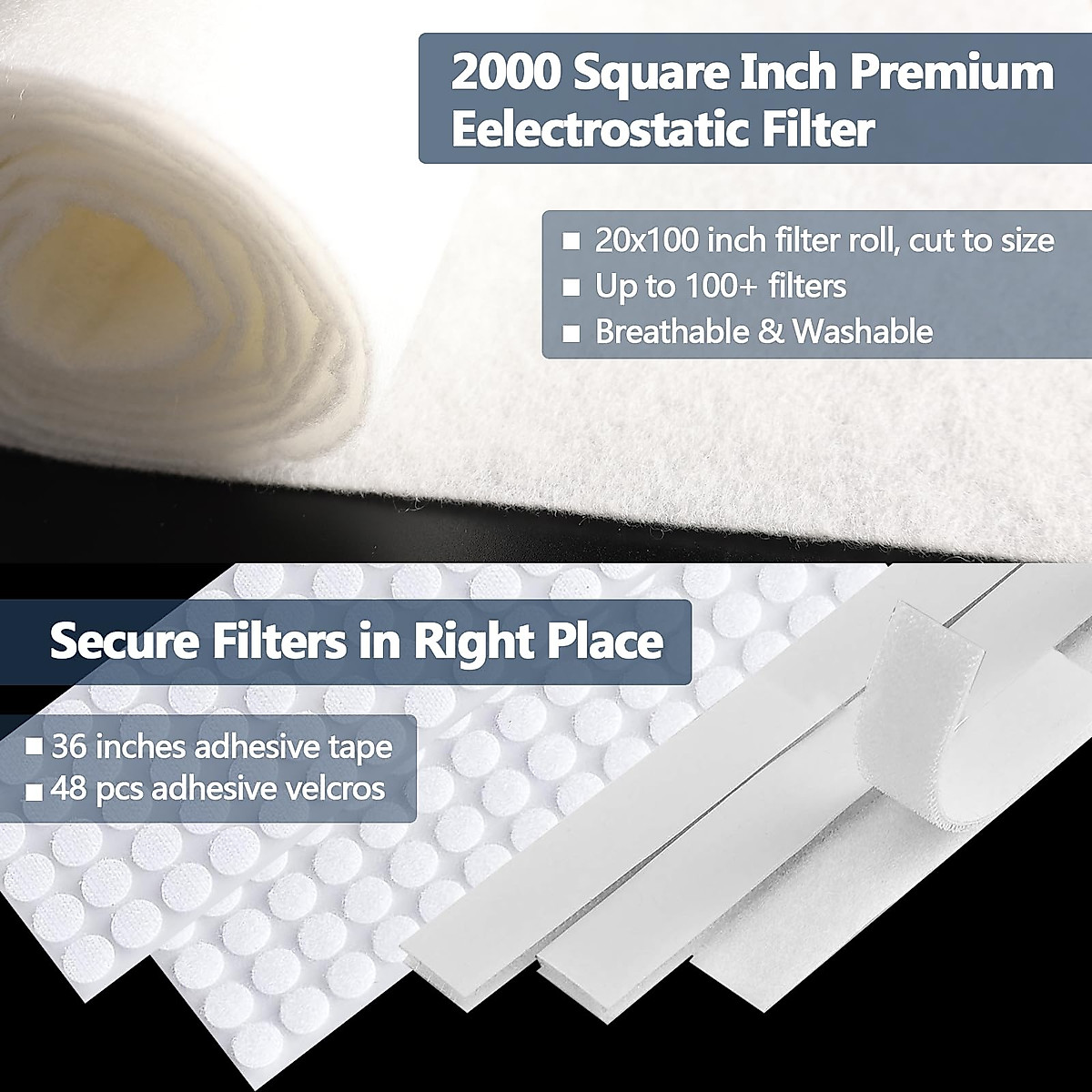 Air Vent Filter 20x100 Inch, Cut to Fit (50+filters) Air Filter, Electrostatic Filter Media with 36 Inch Adhesive Tape and 48pcs Velcro for Air Vent, Air Conditioner, HVAC, Registers and Grilles