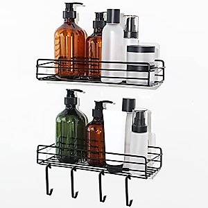 Go Green Tableware GOGN Adhesive Shower Caddy Shelf with 4 Hooks, No Drilling Bathroom Organizer Storage Rack for Restroom, Kitchen- 2 Pack (Black)