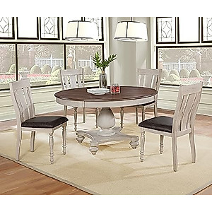 Roundhill Furniture Arch Solid Wood Dining Set: Round Table, Four Chairs, Distressed White and Dark Oak