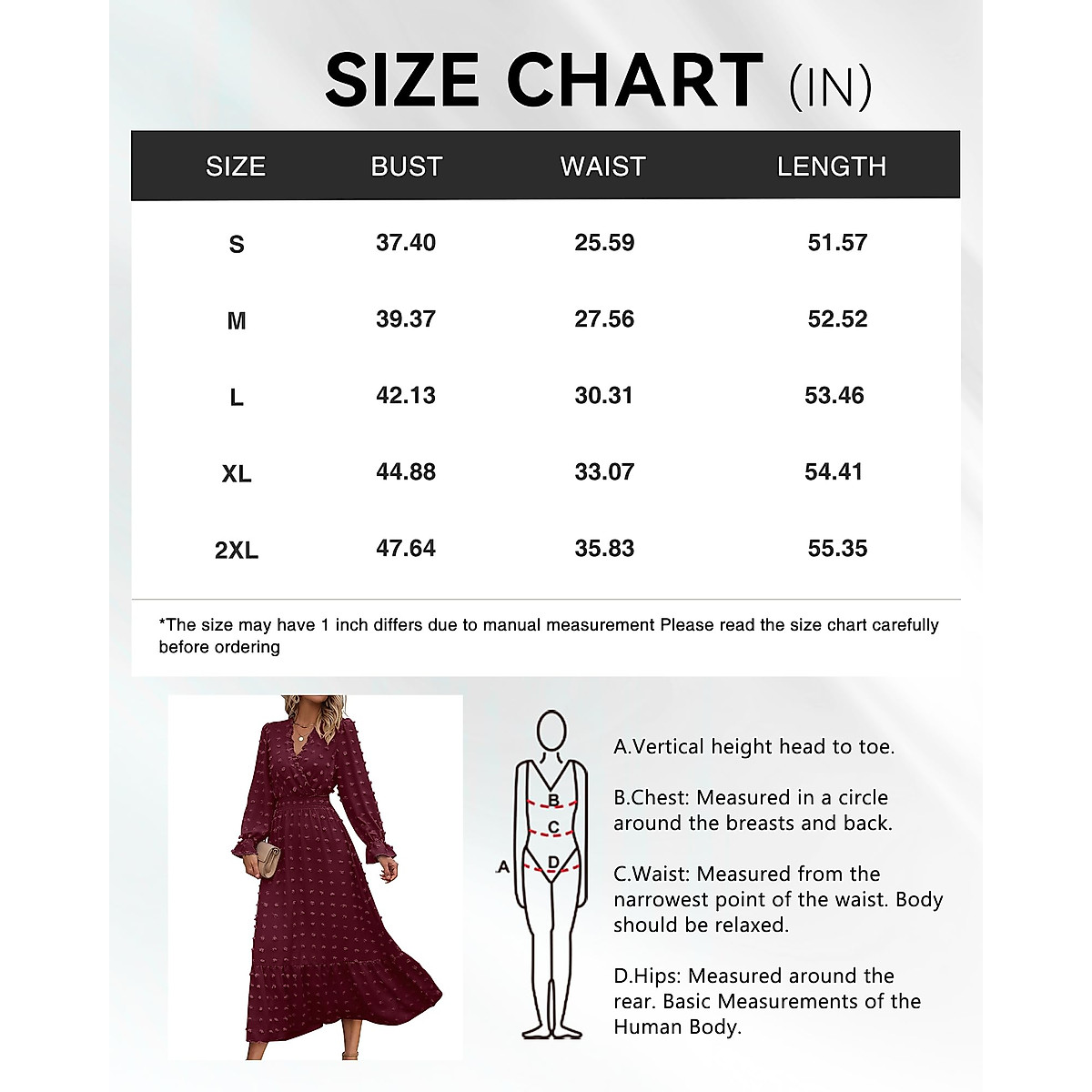 BTFBM Women Spring Dresses 2025 Long Sleeve V Neck Swiss Dots Maxi Dress Boho Long Dress High Waisted A-Line Ruffle Dress(Solid Wine Red,Medium)