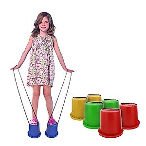 Get Out! Walking Bucket Stilts 2 Pack (Pair) Yellow Stepper Balance Bucket Shoe Stilts Toy, Cup Walkers Can Stomper Cups