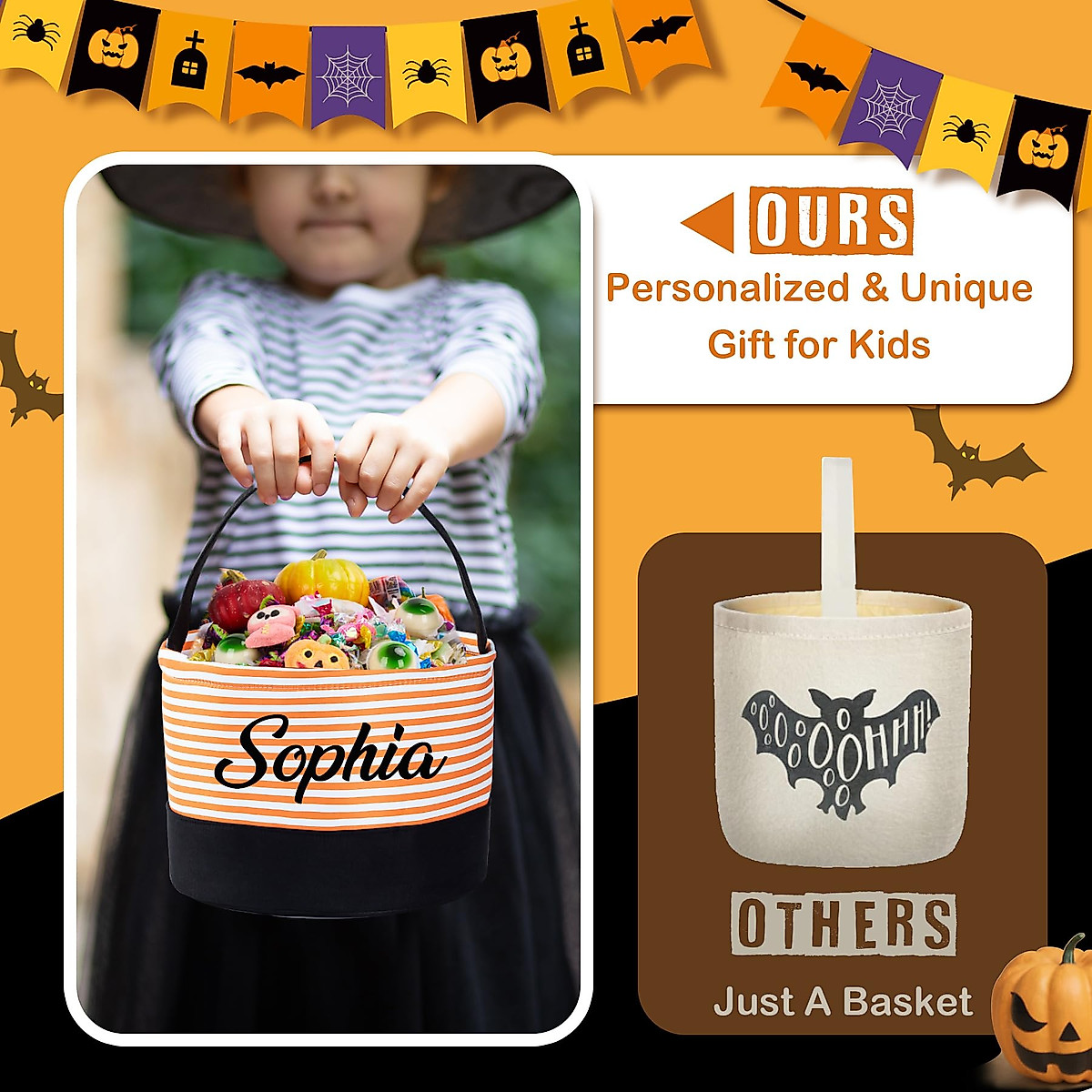 Personalized Halloween Basket - Monogrammed with Name,Trick or Treat Bags,Custom Basket,Candy Bucket for Halloween Party Favor