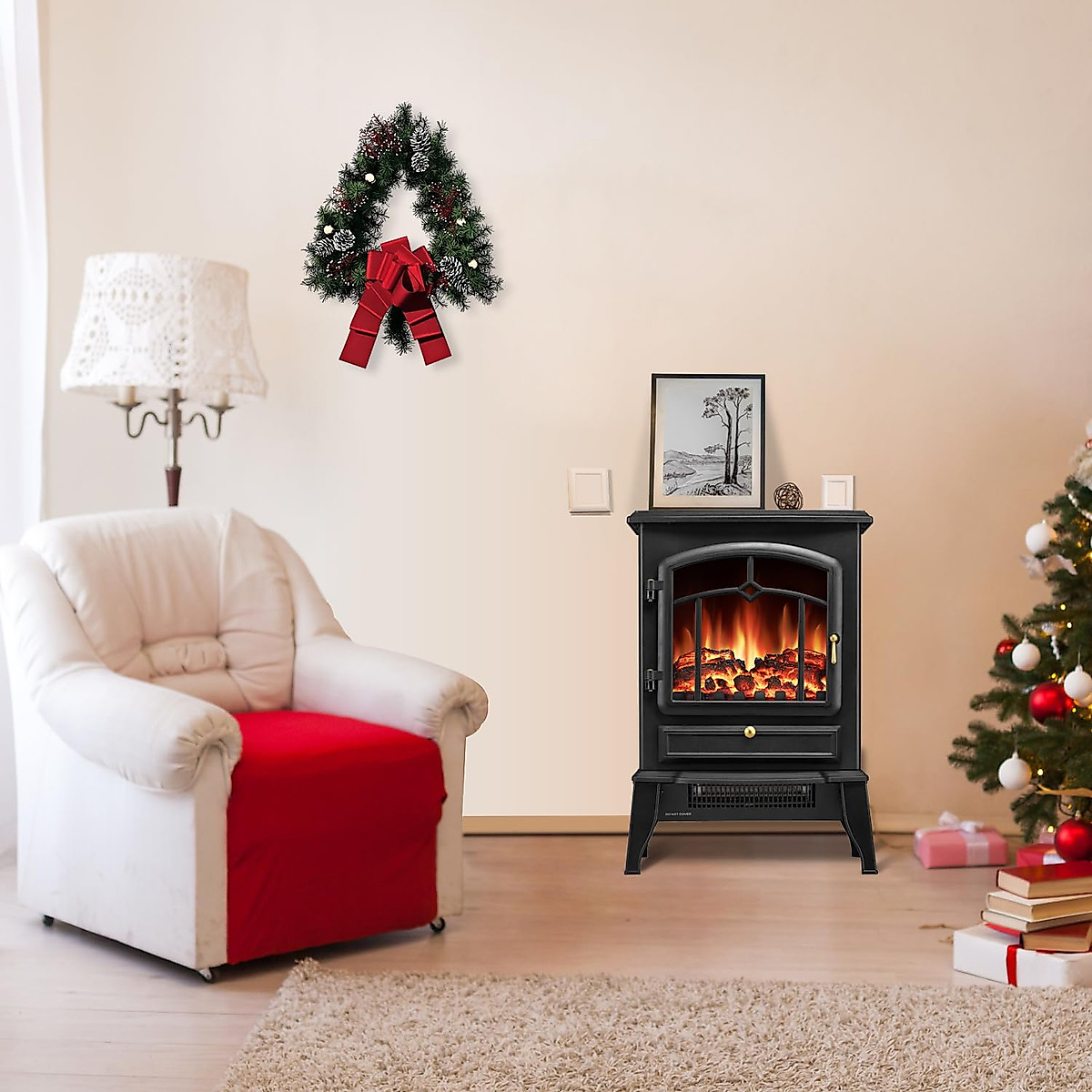 R.W.FLAME Electric Fireplace Stove Heater with Thermostat Control, 15" Cathedral Stylish Small Fireplace Heater, 3D Realistic Flame Effects, Adjustable Heating Mode, Overheating Safe Design