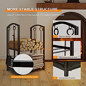 WBHome Firewood Rack with 4 Tools - Iron Fire Log Holder Storage Set Includes Brush, Shovel, Poker, and Tongs, 17 x 29 x 12 inches, for Indoor/Outdoor