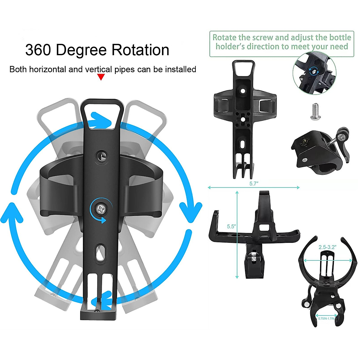 2 Pack Bike Bottle Holder, Universal Bicycle Water Bottle Cage Holder, Water Cup Holder for Bike Stroller Walker, Adjustable Mountain Bike Drink Cup with 360 Degree Rotating for Cycling MTB Black+Red