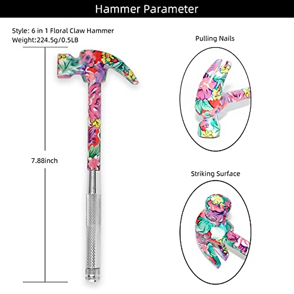 YOUMI 6 in 1 Multifunctional Floral Hammer & Screwdriver Tool Set Claw Hammer with Slotted/Flat Head Phillips Screwdriver Nail Puller Best Christmas Thanksgiving Halloween Gift for Her(Pink)