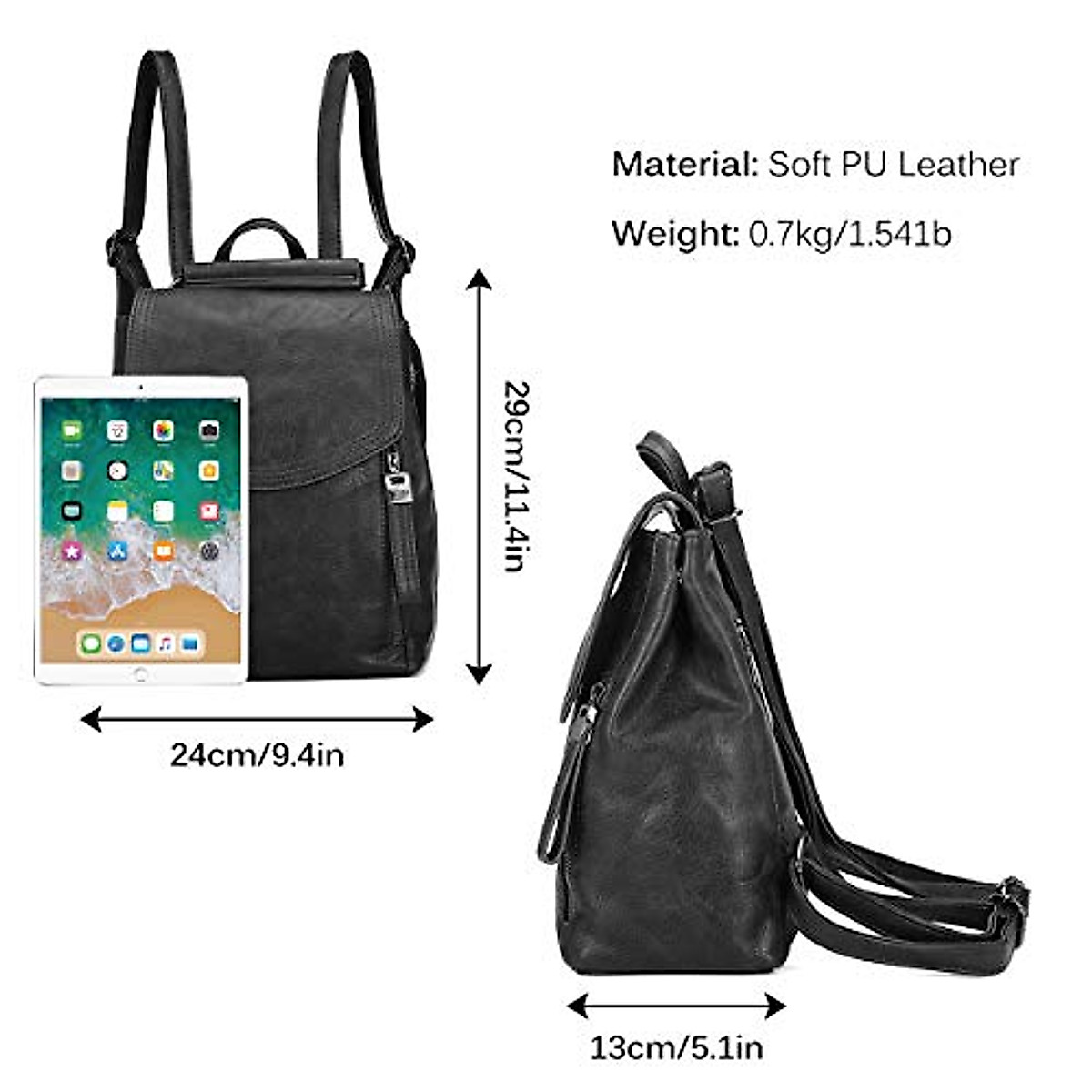Backpack Purse For Women, JOSEKO PU Leather Anti-Theft Shoulder Bags Fashion Casual Travel Bags (9.4"x5.1"x11.4"(LxWxH),Black )