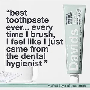 Davids Natural Toothpaste for Teeth Whitening, Peppermint, Antiplaque, Flouride Free, SLS Free, EWG Verified, Toothpaste Squeezer Included, Recycable Metal Tube, 5.25oz