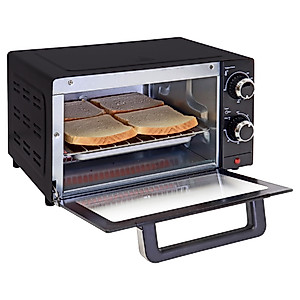 Total Chef Toaster Oven 4 Slice Small Compact Kitchen Appliance Pizza Bake Toast Rost Broil Bread toaster auto shutoff Crumble tray Natural Convection Countertop Black And Stainless Steel