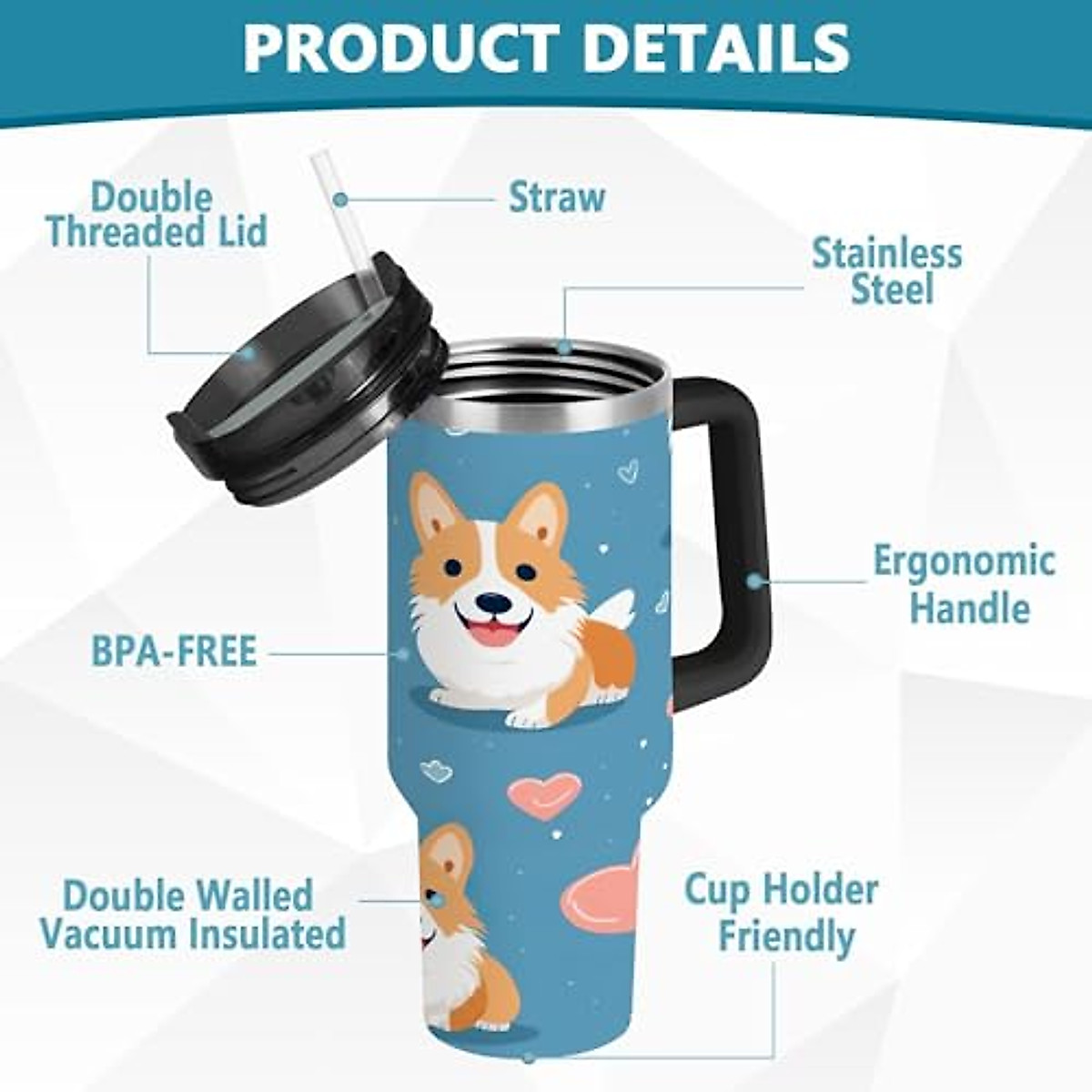 FRCSDIY Cartoon Dog Insulated Tumbler with Handle and Straw Lid,40oz Leakproof Stainless Steel Cup BPA-Free Water Bottle