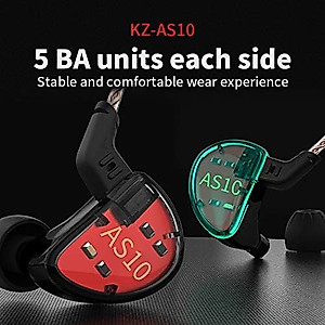 KZ AS10 Monitors Headphone Earbuds 5 Balanced Armature Driver, Noise Cancelling Headphones Wired IEMS Ear Phones with 2 Pin Detachable Cable for Musician Singer Church (Without Mic, AS10 Green)