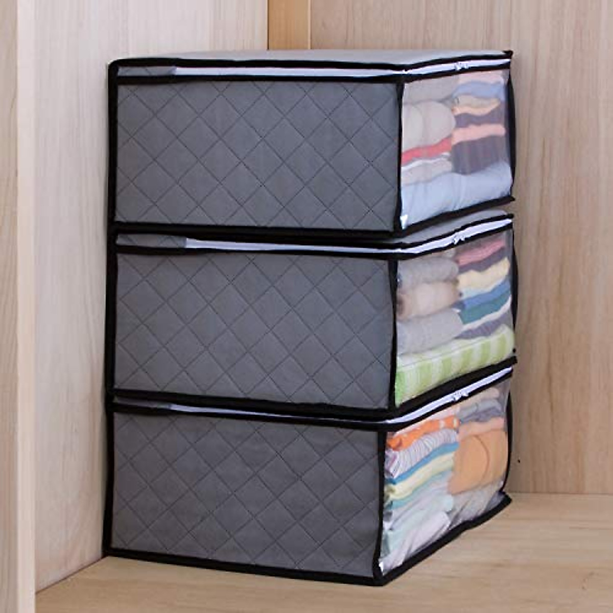 Astro Clothes Storage Bags, 3 Pack Clothes Storage Bins Foldable Closet Organizers with Activated Carbon , Breathable Material, Zipper, Clear Window for Sweaters, Coats, T-shirts, Blankets Grey, 171-01