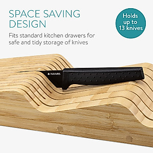 Navaris In-Drawer Knife Block - Organizer with Slots for 13 Knives - Bamboo Storage Insert for Kitchen Drawers 5 15/16" Wide x 15 3/4" Deep x 2" High