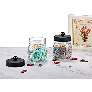Farmhouse Rustic Decorative Mason Jars, Bathroom Vanity Storage Organizer Canisters,Cute Glass Apothecary Jars with Stainless Steel Lid for Cotton Swabs,Rounds,Balls,Floss Picks,4 Pack (Clear/Black)